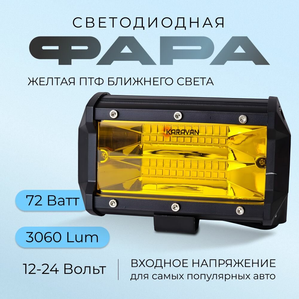 Фара противотуманная желтая ближнего света на крышу и бампер, под решетку радиатора автомобиля, спецтехники, катер и мотоцикл