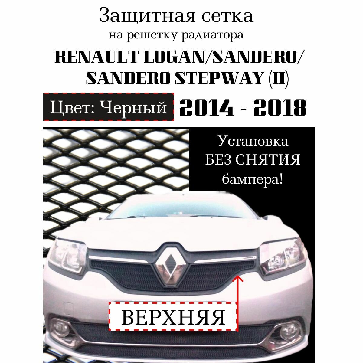 Защита радиатора Renault Logan/Sandero/Sandero Stepway 2014-2018 верхняя решетка черного цвета