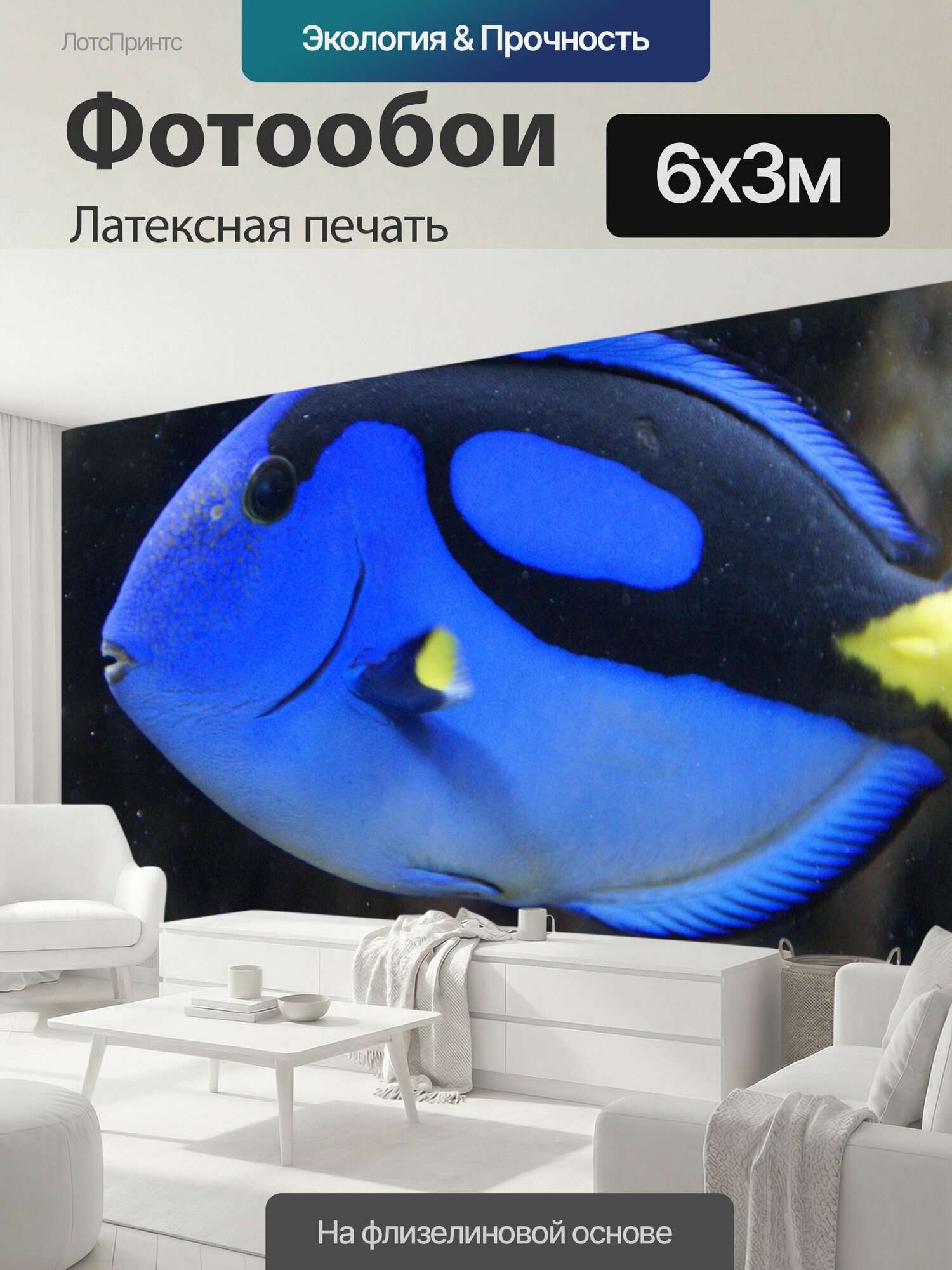 Фотообои моющиеся ударопрочные "Рыбы, доктор рыба, синий" 600x300 см. латексная печать