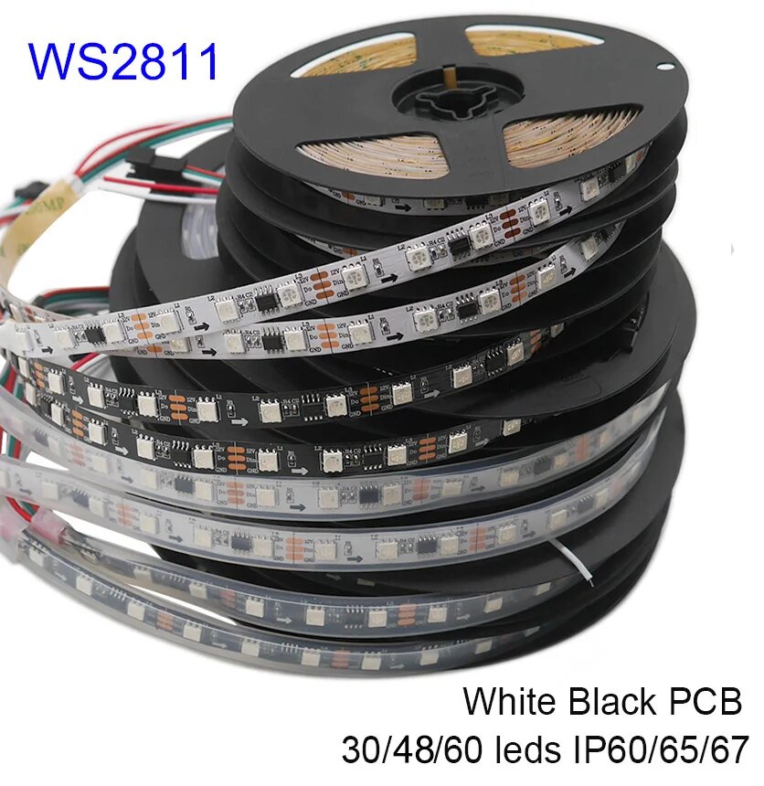 WRMIHU RGB Светодиодная лента WS2811 12В 30/48/60LED/м 5м Black PCB, IP65 Waterproof, 5m 48leds