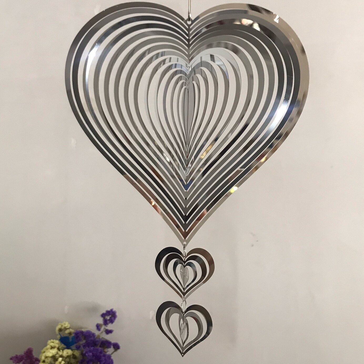 Серебряный 3D сердечный вращающийся колокольчик, 20x36 см, дизайн 2 LOVE, подарок из металла