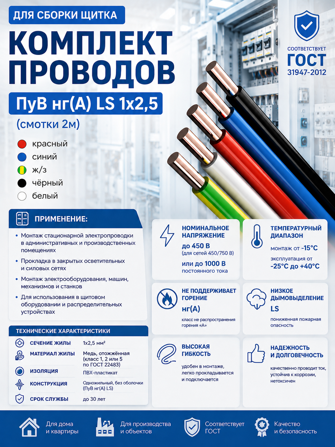 Комплект проводов для сборки щитка ПуВ нг(А) LS 1х2,5 ГОСТ красный, синий, жел/зеленый, черный белый (смотки 2м)
