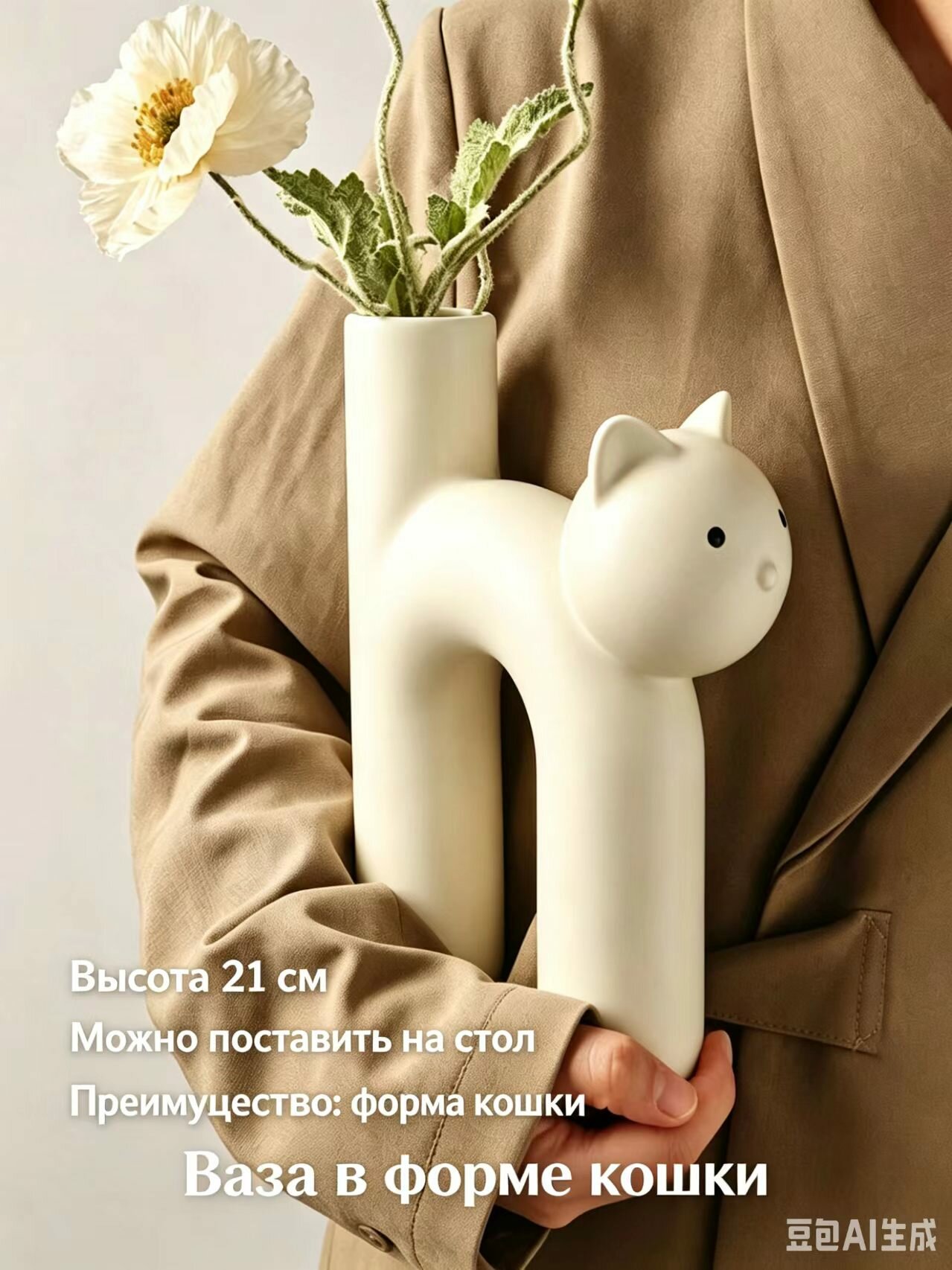 Керамическая ваза для кошек с ручкой, высотой 21 см, бежевого цвета