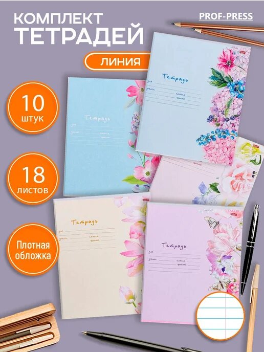 Набор тетрадей Prof-Press Profit "Великолепие цветов", A5, в линейку, 18 л, 10 шт