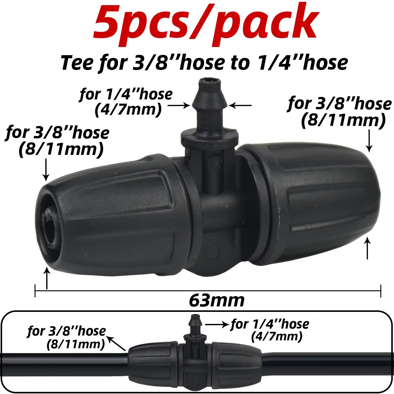 5 шт. тройник для шланга 3/8" - 1/4" KSL02-2343-5pcs, черный