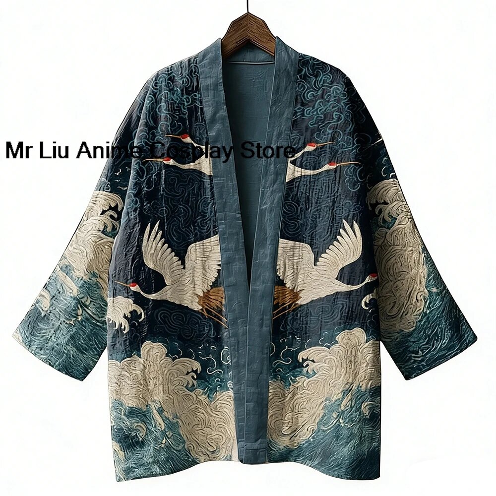 Кардиган-кимоно 3D-укё-э из полиэстера с японским принтом Темно-синий, L, Haori Jacket17
