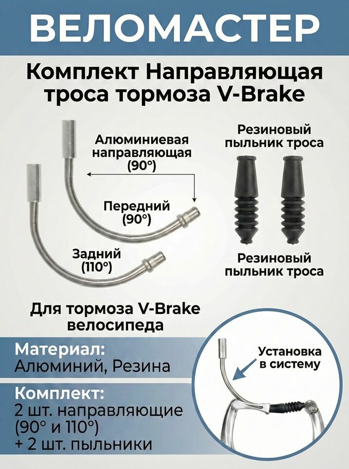Комплект угол 90 (переднего) и 110 (заднего) троса тормоза алюминий + 2 шт пыльник троса тормоза для велосипеда