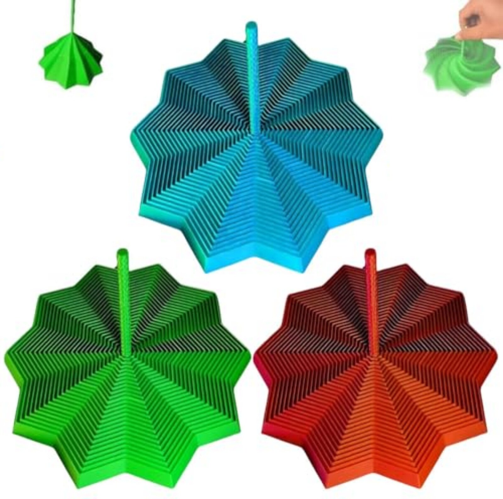 3 PCS 3D Printed Expanded Sensory Fidget Star, 2025 New Decagram Fidget Star with Handle, Honeycomb Spiral Fractal Fidgets Hexagon Blue Red Green 6.9in