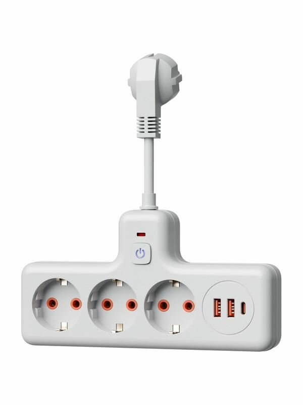 Удлинитель с сетевым фильтром 3х0.3м 10А 2USB + 1USBC 2500Вт ПВС 3х1 компакт бел. Космос FRKsm0.3m-3g(W)USB