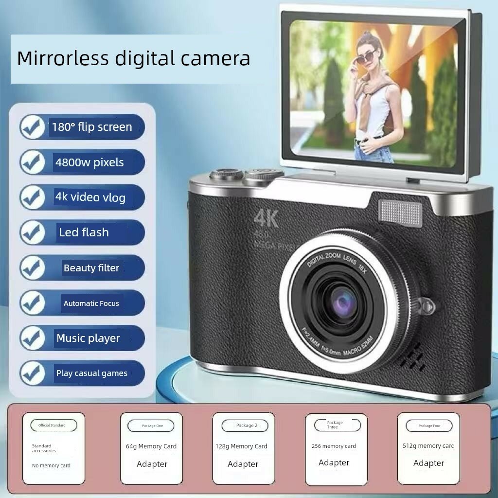 Цифровая камера C7 с поворотным экраном 180°, фильтром красоты, записью 4K и картой памяти 128 ГБ, черный
