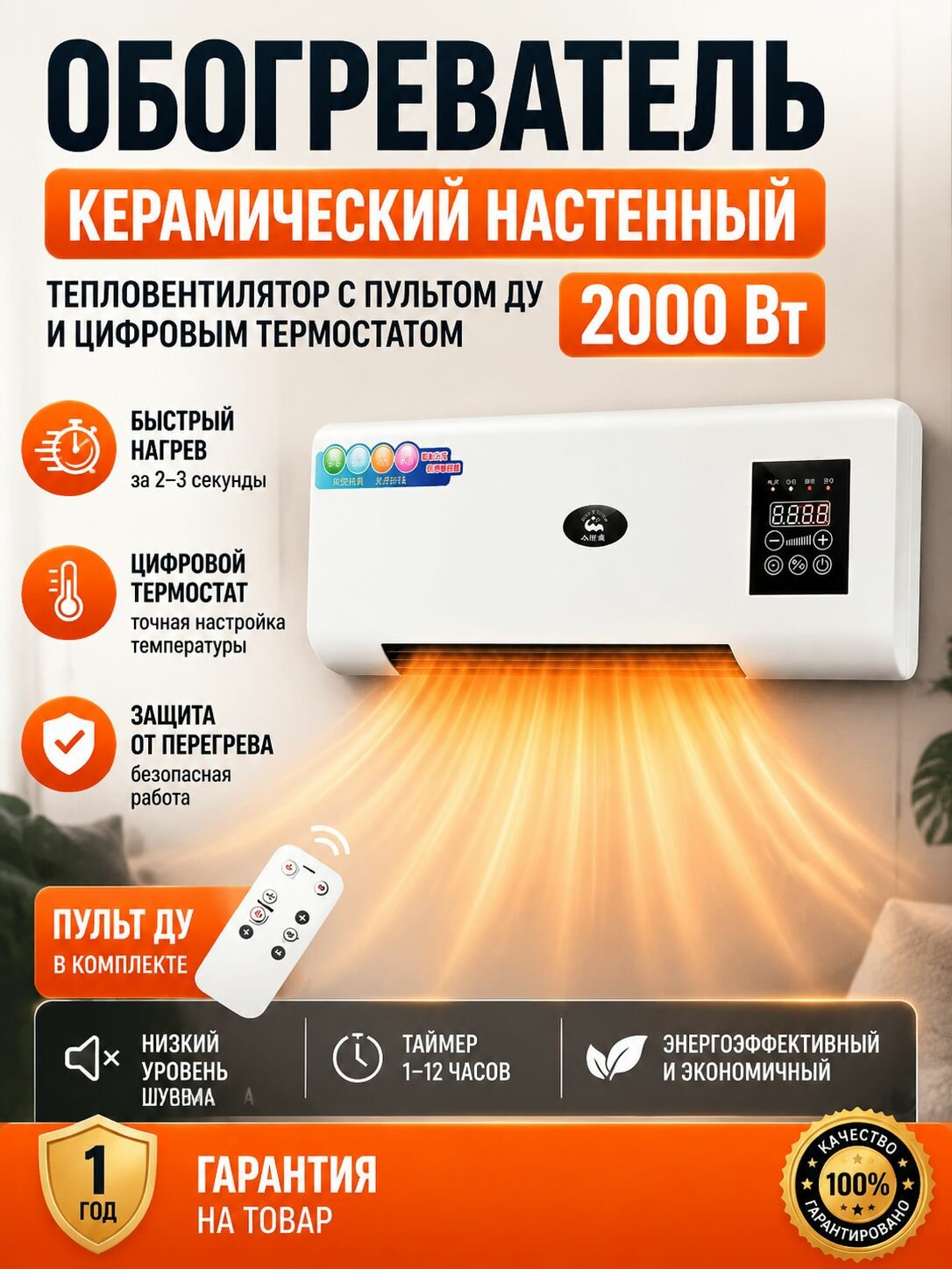 Обогреватель керамический настенный, тепловентилятор с пультом ДУ и цифровым термостатом, 2000 Вт настенный тепловентилятор керамический тепловентилятор