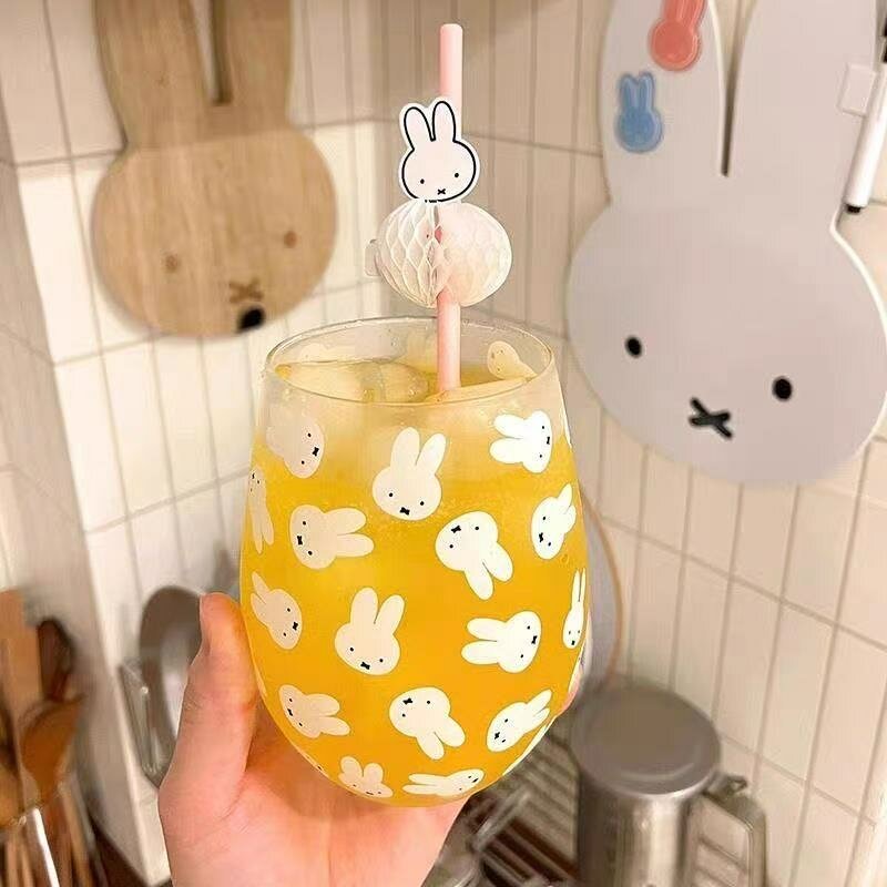Прозрачный пузатый стакан с принтом Miffy из боросиликатного стекла — для молока, кофе и сока, милый подарок