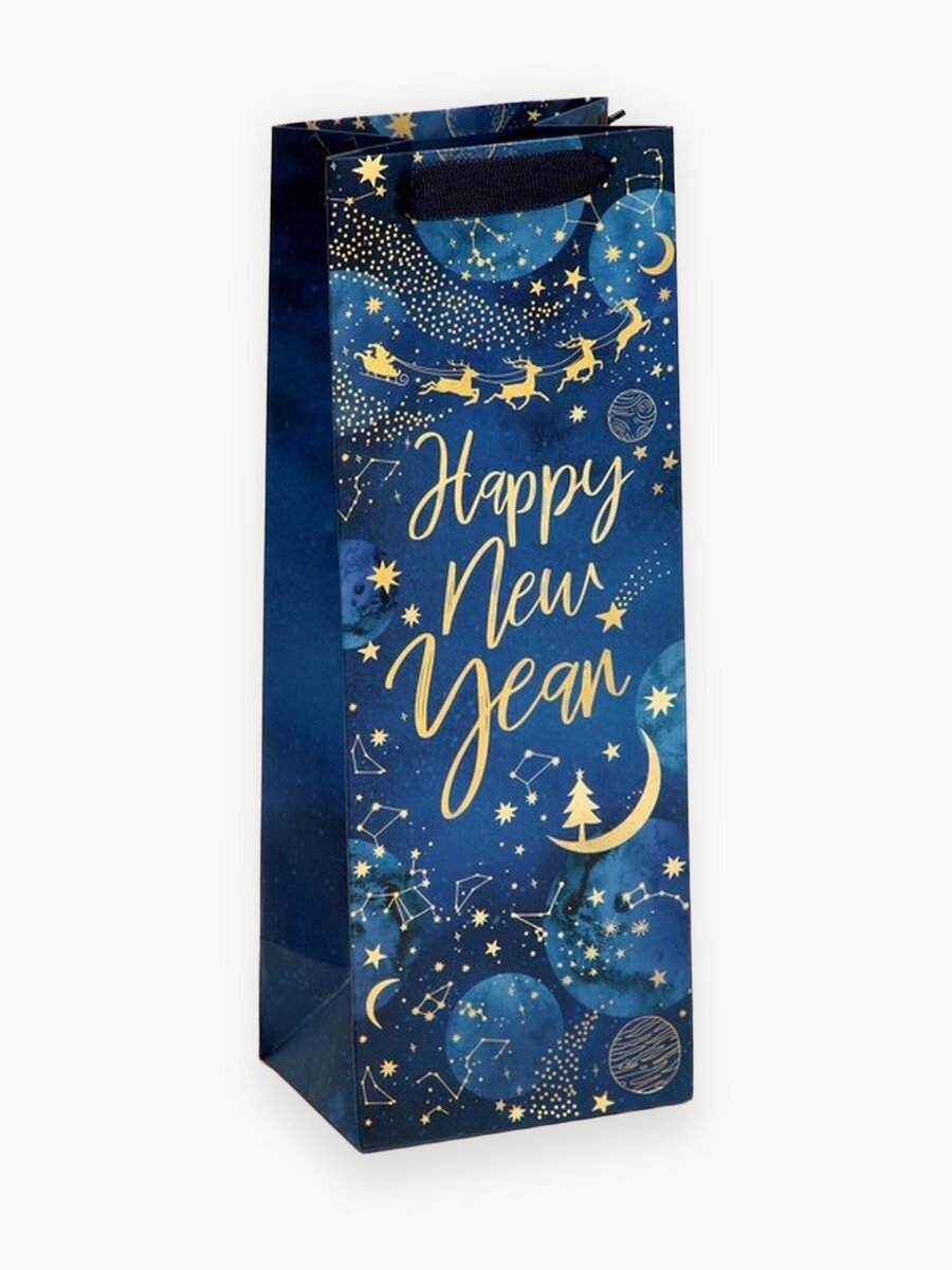 Подарочный пакет под бутылку «Новогодний космос», 13 × 36 × 10 см, синий, для упаковки подарка на Новый Год
