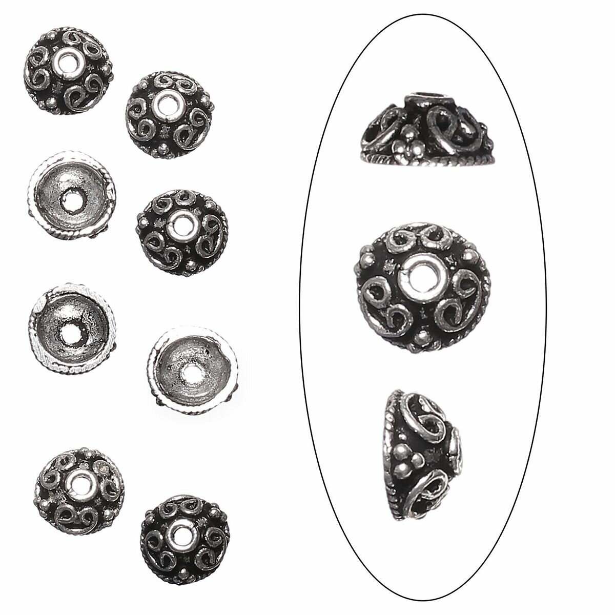 Шапочка для бусин (обниматель), 11х5мм, Индия, Дастархан с завитками, базовый материал - латунь, посеребренный с чернением, 5 шт.