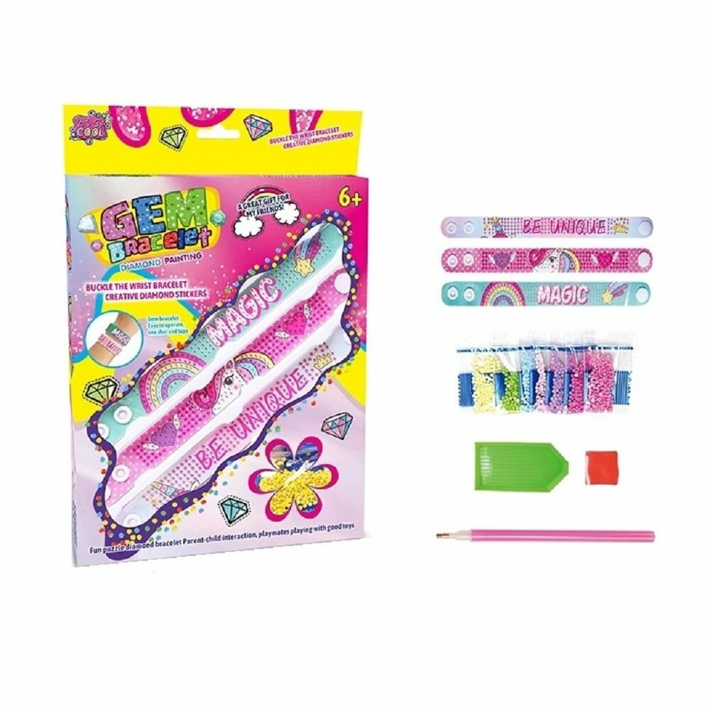 Алмазная мозаика набор для создания браслетов для детей "Единорог", 3 трафарета, стразы 9 цветов, стилус, лоток