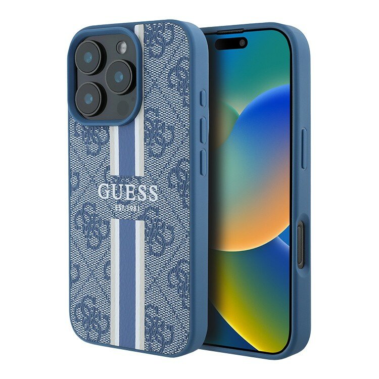 Guess чехол для iPhone 16 Pro Max, PU кожа 4G Stripes Blue (MagSafe)