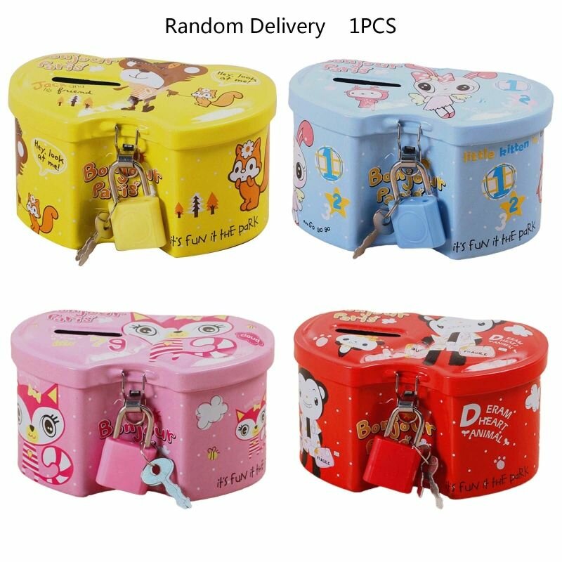 Маленькая копилка с двойным сердцем, металлическая жестяная коробка для хранения монет с замком и ключом для украшения дома, спальни, детей