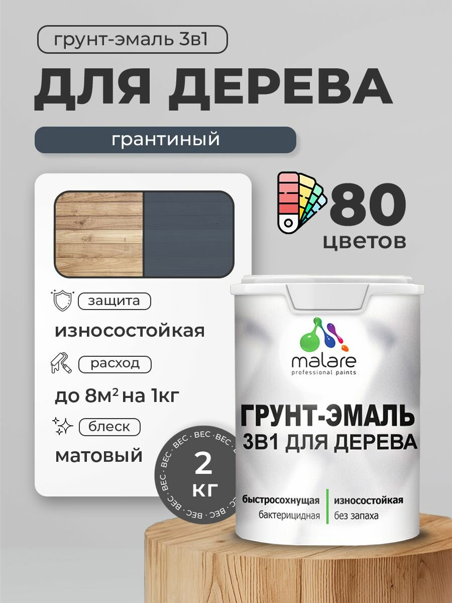 Акриловая Грунт-Эмаль 3 в 1 Malare для деревянных поверхностей/ краска по дереву с антисептическим эффектом/ быстросохнущая моющаяся без запаха матовая, гранитный, 2 кг