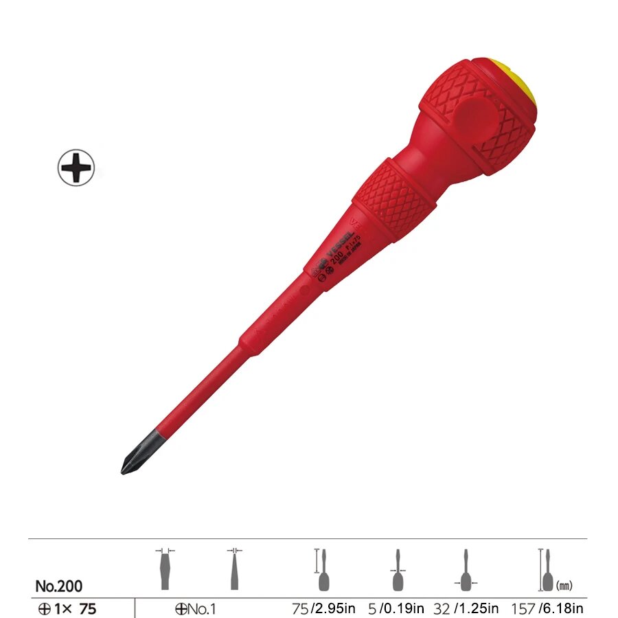 Изолированная отвертка VESSEL VDE 1000 В для ремонта электриков, подходит для крестообразных и шлицевых винтов No 200