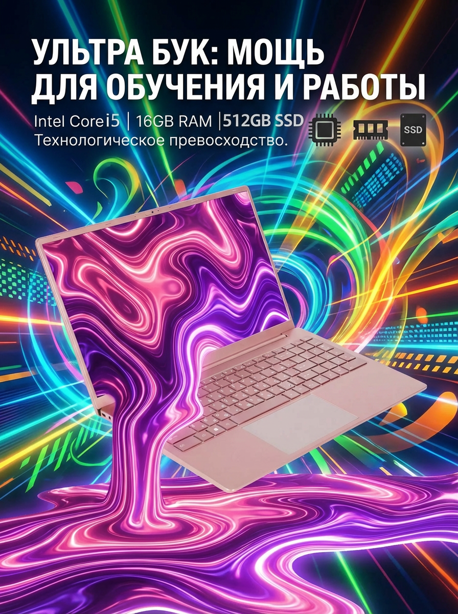 Ноутбук игровой Intel Core i5 - 15,6-дюймовый SSD 512GB, Intel UHD, Windows PRO, 16GB RAM Глубокий розовый