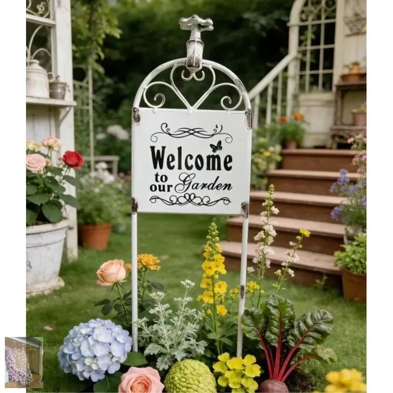 Садовая фигурка Welcome to our Garden металлическая табличка для сада, белого цвета