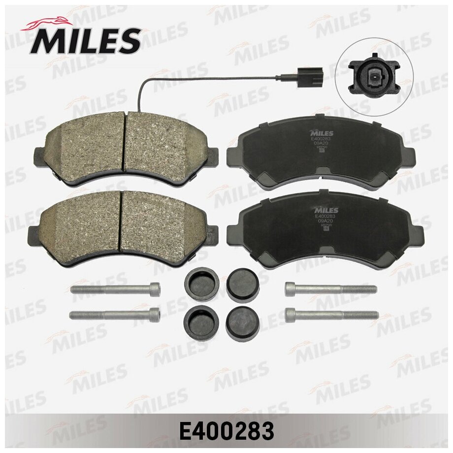 MILES Колодки тормозные передние (с датчиком + болты) (Смесь Low-Metallic) (CITROEN JUMPER/FIAT DUCATO/PEUGEOT BOXER 06- (250) R16) (TRW GDB1703) E400283