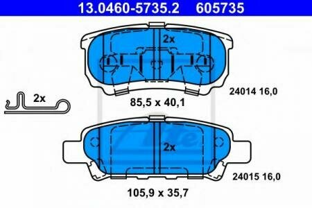 Колодки тормозные дисковые задн, CHRYSLER: SEBRING 2.0 CRD/2.0 VVT/2.4 VVT/2.7 VVT/3.5 AWD 07-10 JEEP: COMPASS 2.0/2.0 CRD/2.0 CRD 4X4/2.2 CRD/2.2 C, 13046057352 ATE 13.0460-5735.2