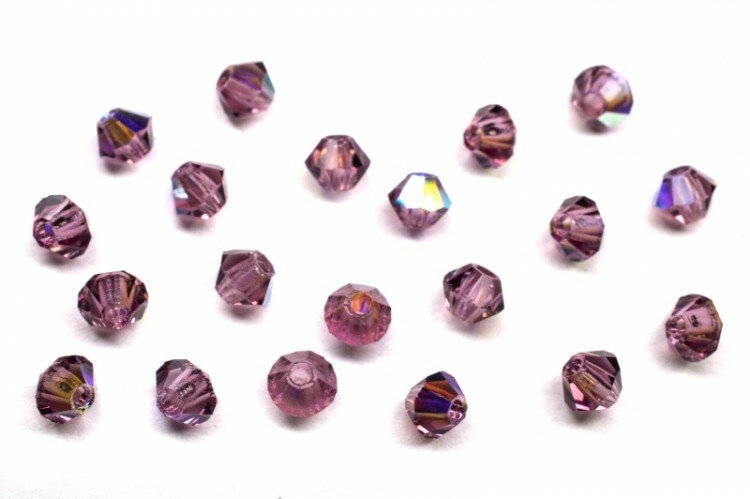 Бусины биконусы хрустальные 3мм, цвет AMETHYST AB, 745-031, 20шт