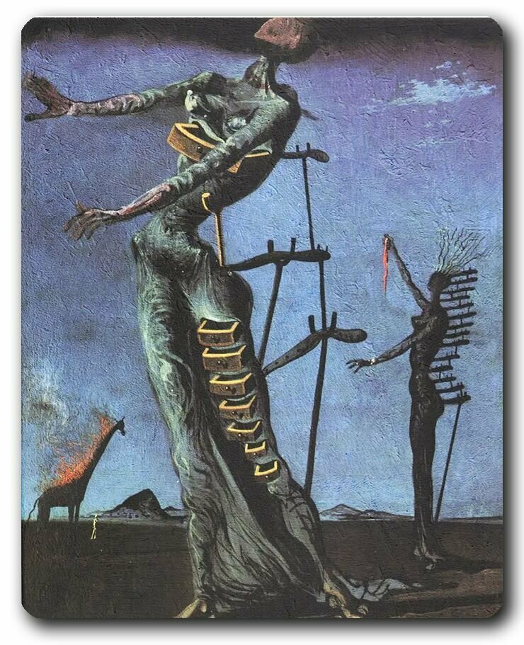 Репродукция/Картина/Сальвадор Дали "Жираф в огне"/Интерьерная фреска на доске/30х24см