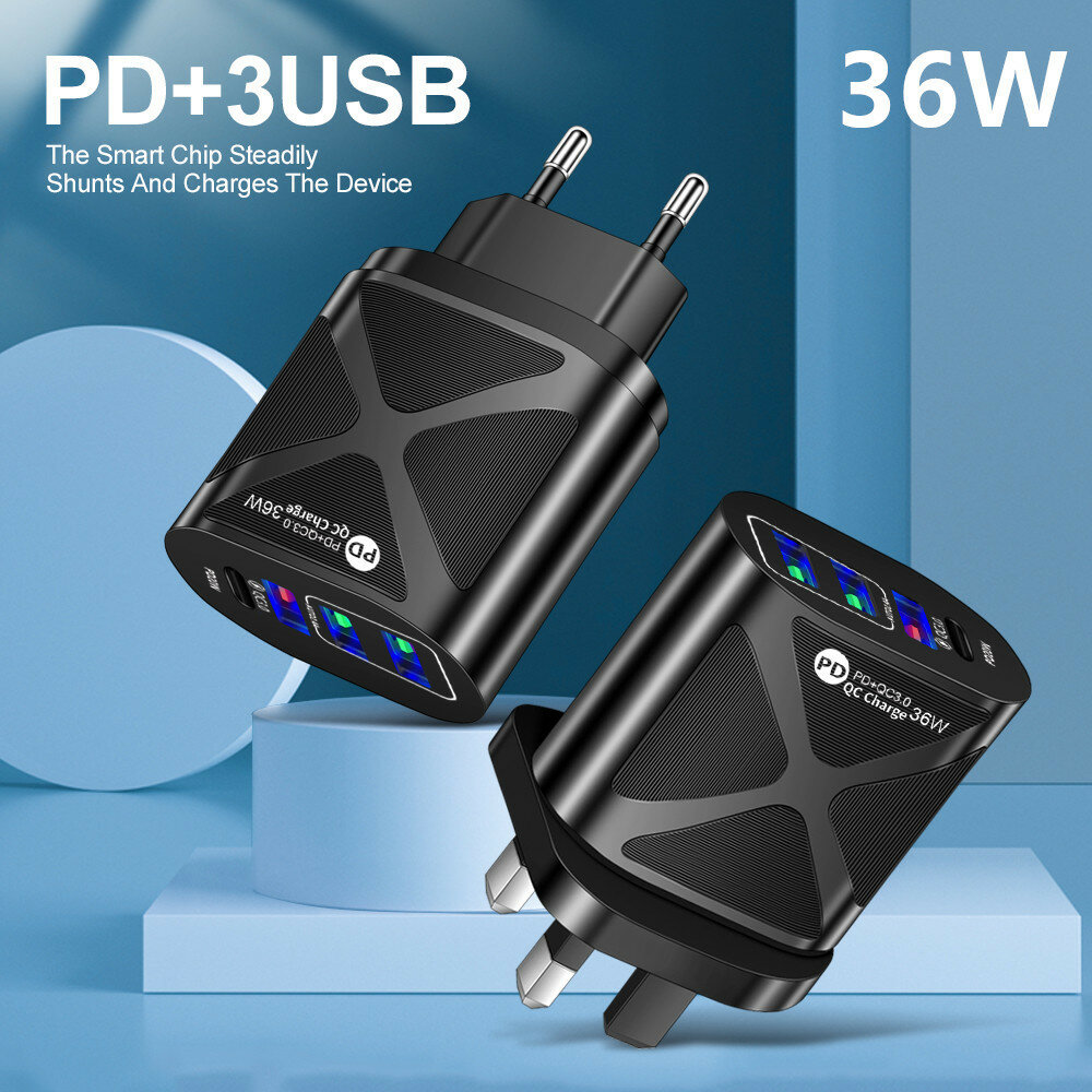 Зарядное устройство 36 Вт, PD + QC3.0, 2.4 A, двойное USB, для быстрой зарядки, европейское, серое