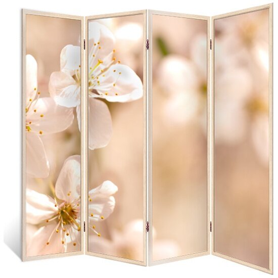 Ширма перегородка Декор Депо для комнаты деревянная "Яблоневый цвет" двухсторонняя с картинкой (цветы) 4 створки кремовый дуб 176х185 см 14 кг