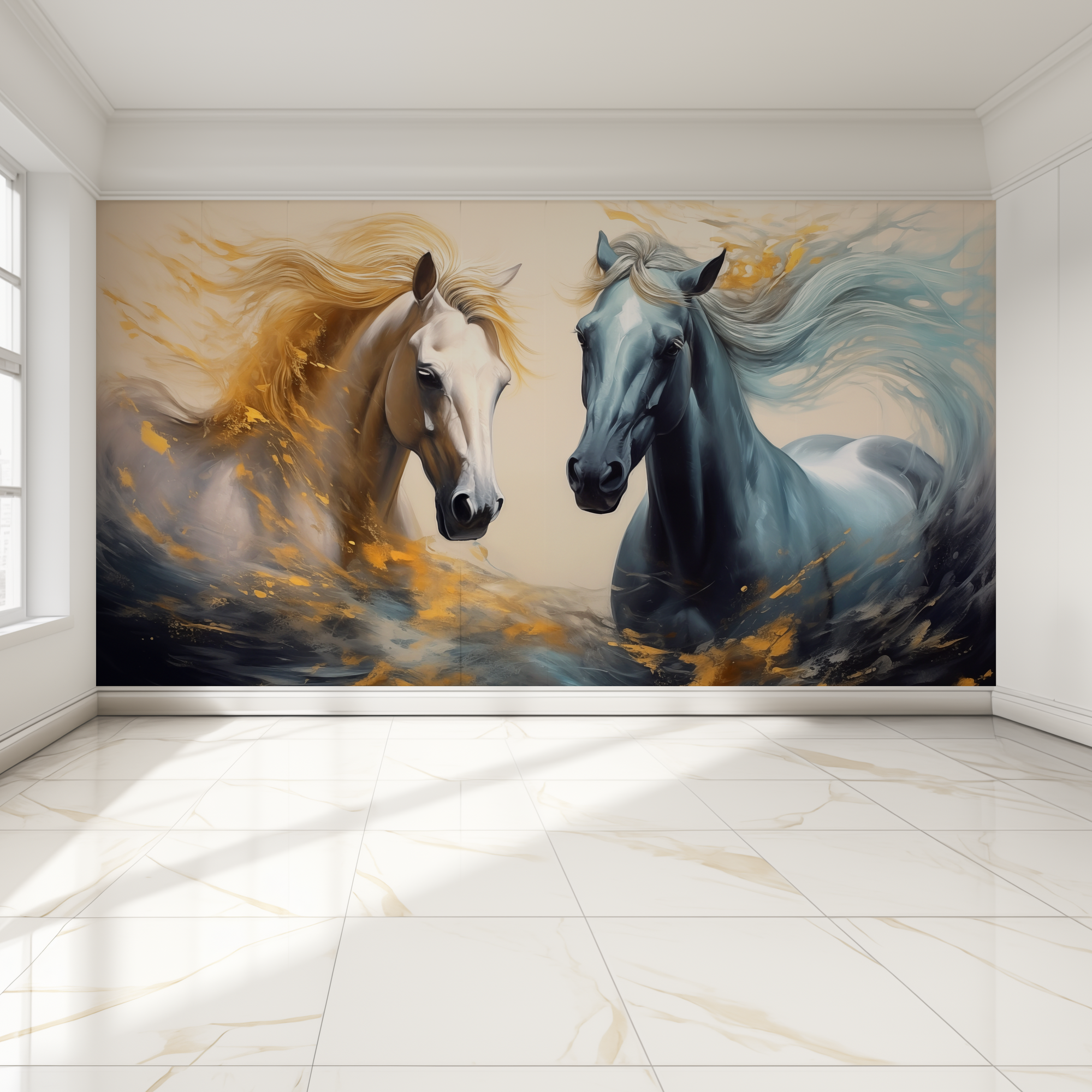 Фотообои 3д на стену "Лошади", флизелиновые 500х270 см на кухню, спальню, зал