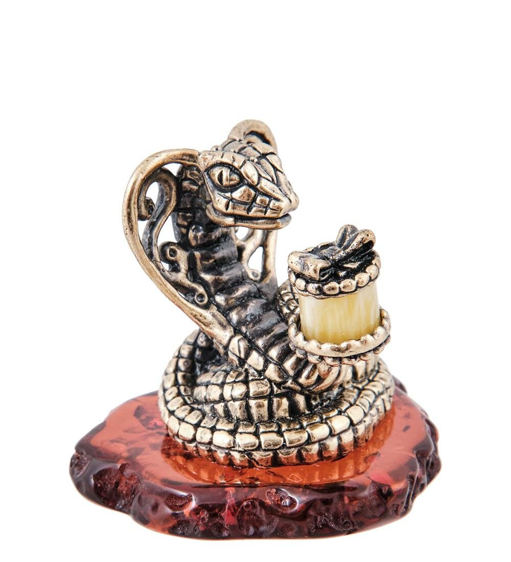 Фигурка Кобра с подарком (латунь, янтарь) A2189015 Народные промыслы, бронзовый