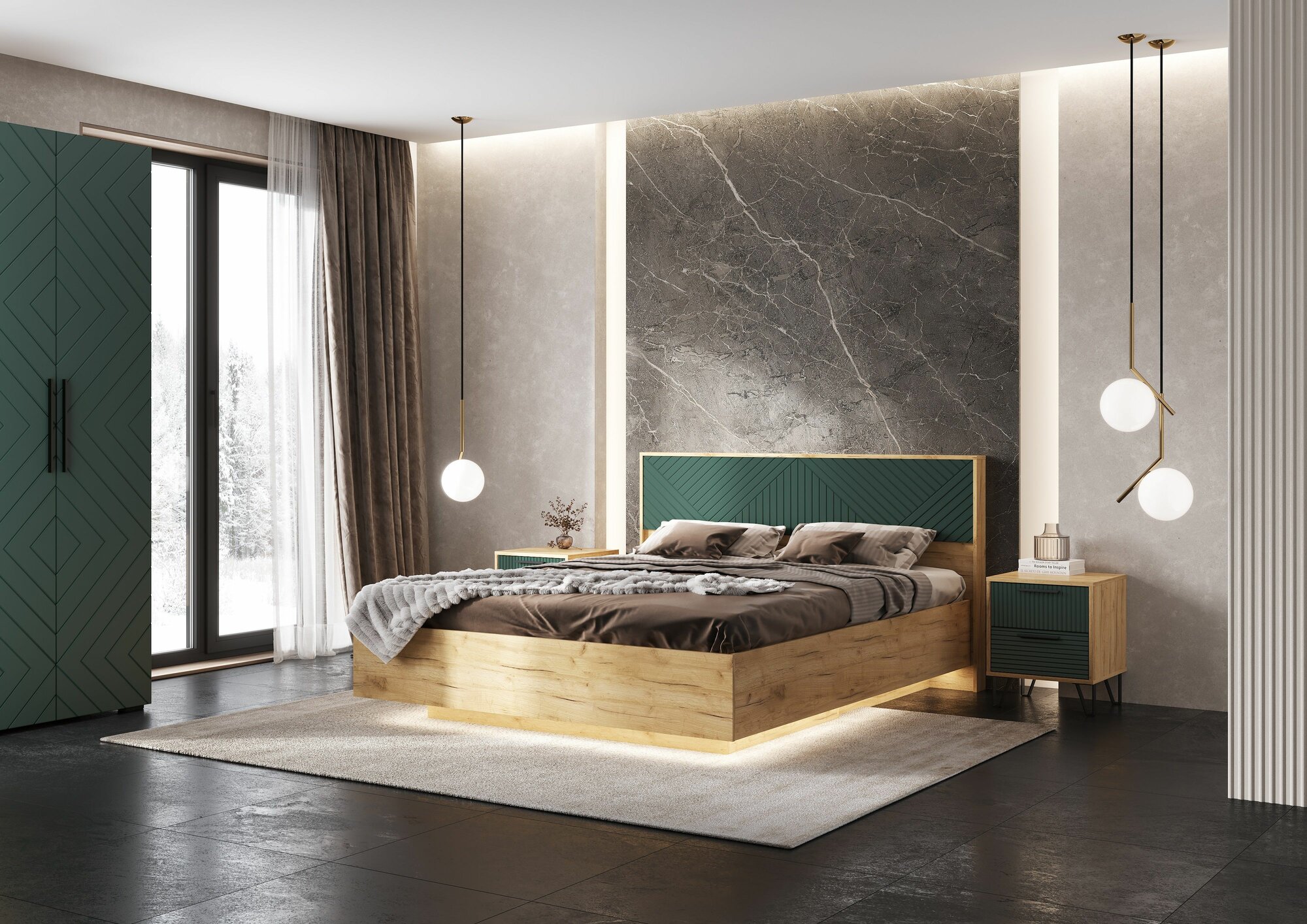 Комплект мебели для спальни Флэш160*200 Браш Мени Грин, Дуб Крафт