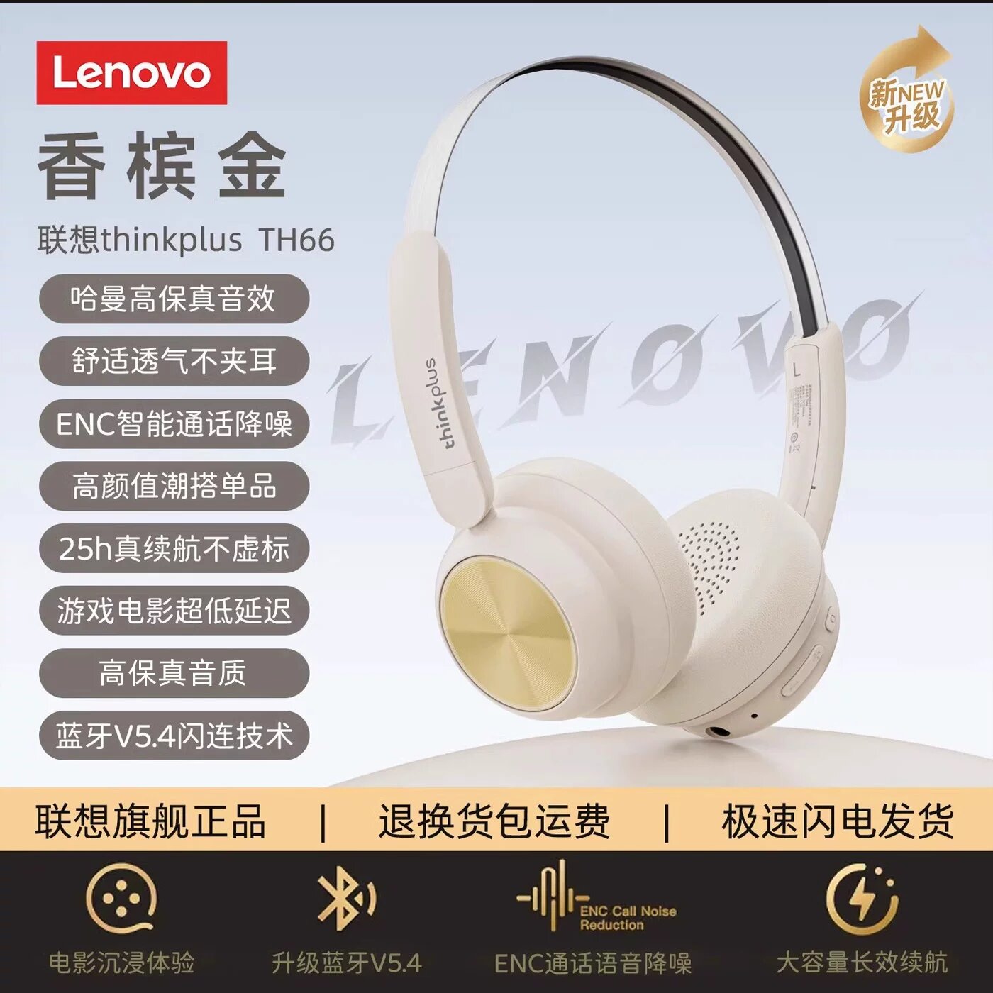 Lenovo TH66 Накладные беспроводные наушники Bluetooth 5.4 с шумоподавлением для женщин, высококачественный звук,