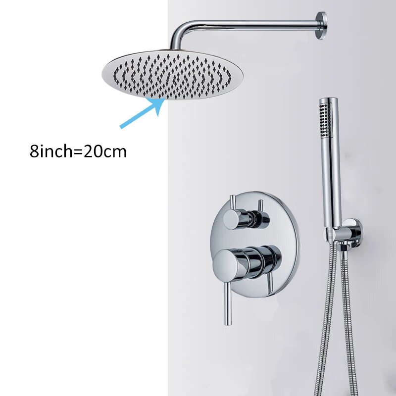 Chrome Round Style Shower Faucet Set Concealed Rainfall Shower System Bathtub Shower Hot Cold Water Mixer Faucet Tap-8 inch set