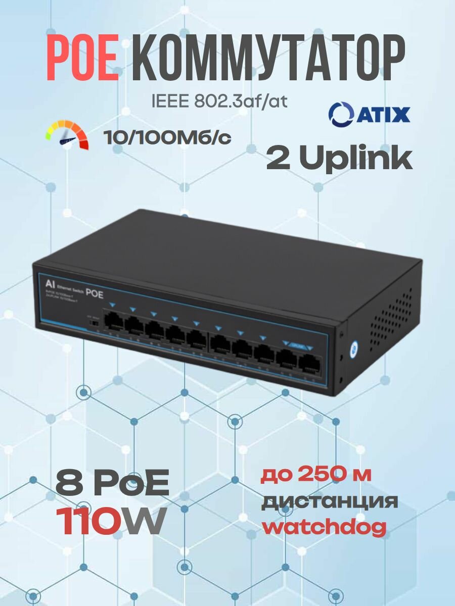 Коммутатор 8 POE портов (802.3 af/at), +2 Uplink порта 10/100 Мбит/с (свитч).