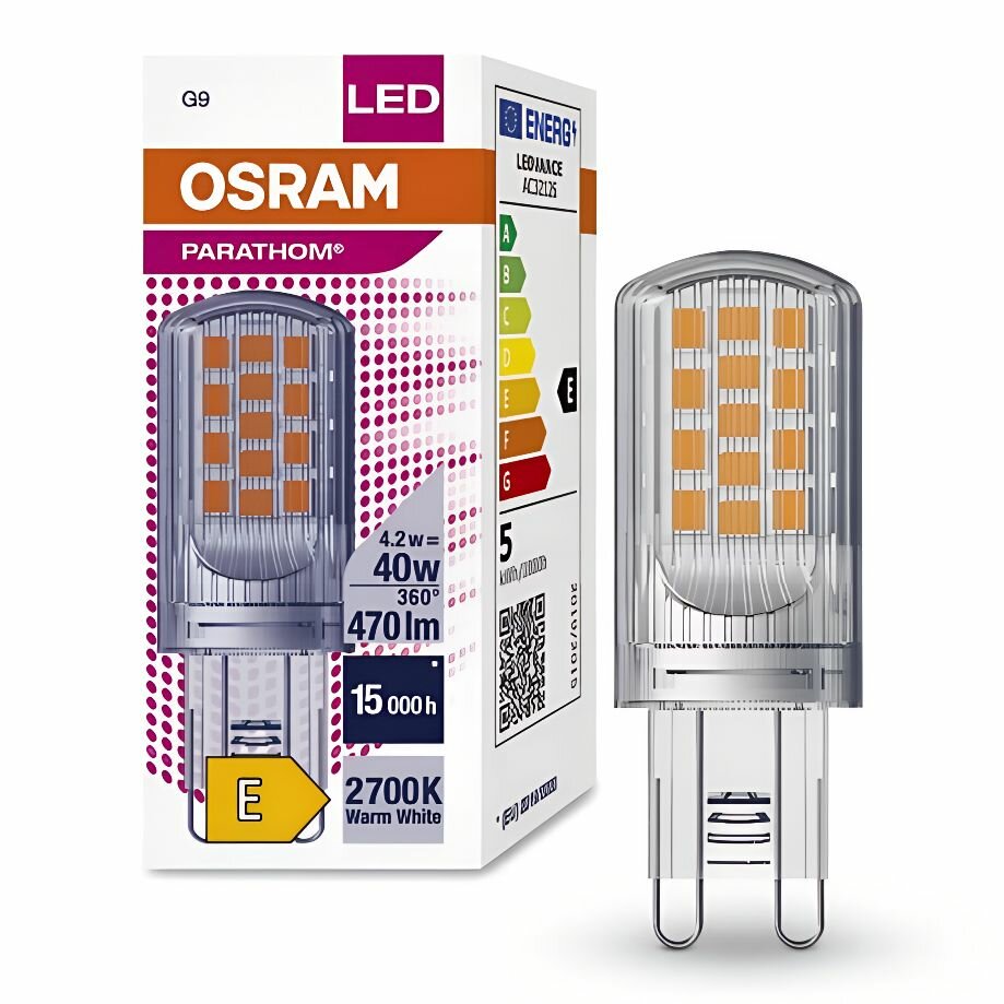 Лампа светодиодная OSRAM Parathom PIN, 470лм, 4,2Вт, замена 40 Вт, 2700К, теплый белый свет, цоколь G9