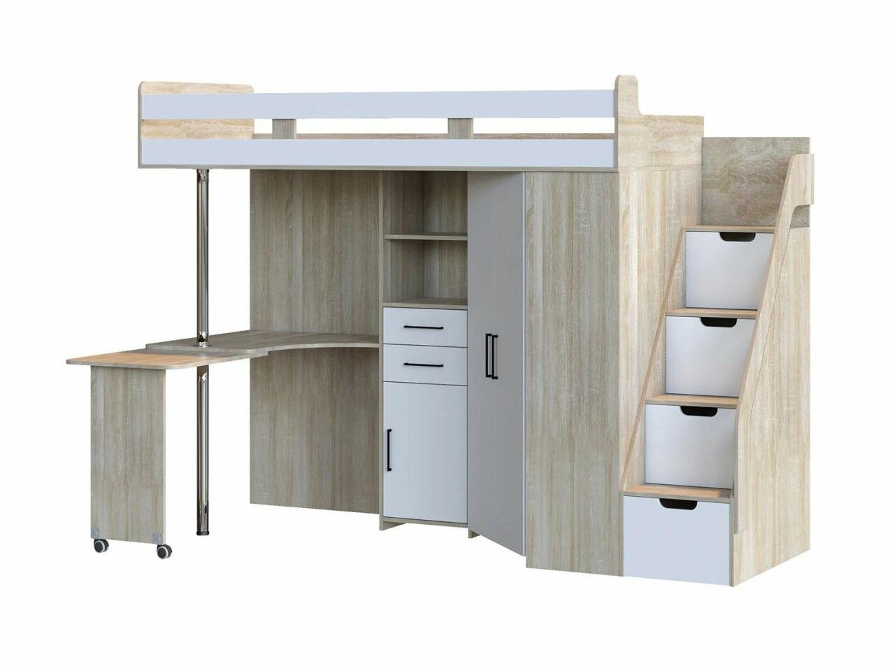 Кровать-чердак со шкафом и столом Мира дуб сонома/белый