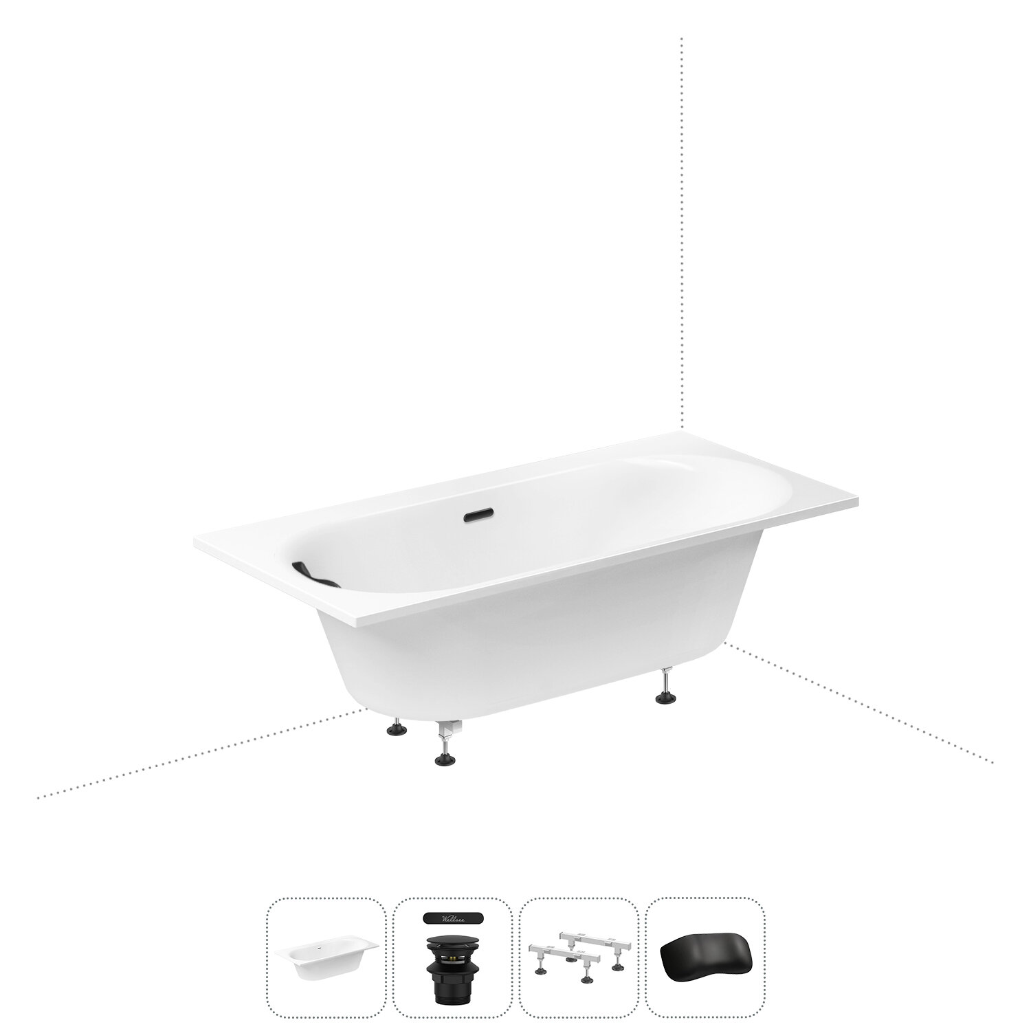 Акриловая ванна 180х90 Wellsee Dream For More 20216819R в наборе 4 в 1: ванна акриловая 180 х 90 см в цвете белый глянец, слив-перелив матовый черный, ножки, подголовник