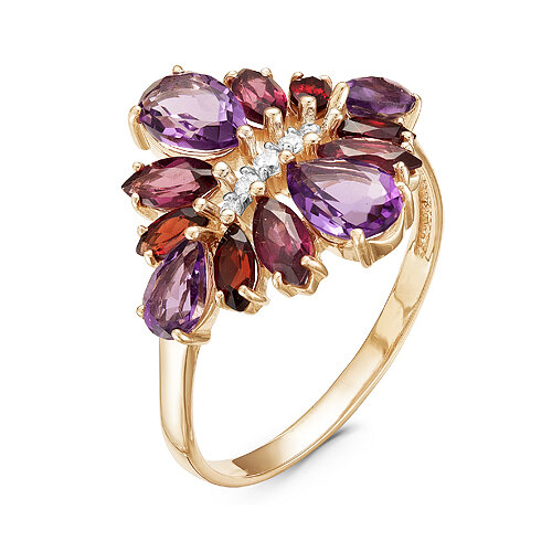 Кольцо тонкое, красное золото, 585 проба, гранат, родолит, фианит, аметист