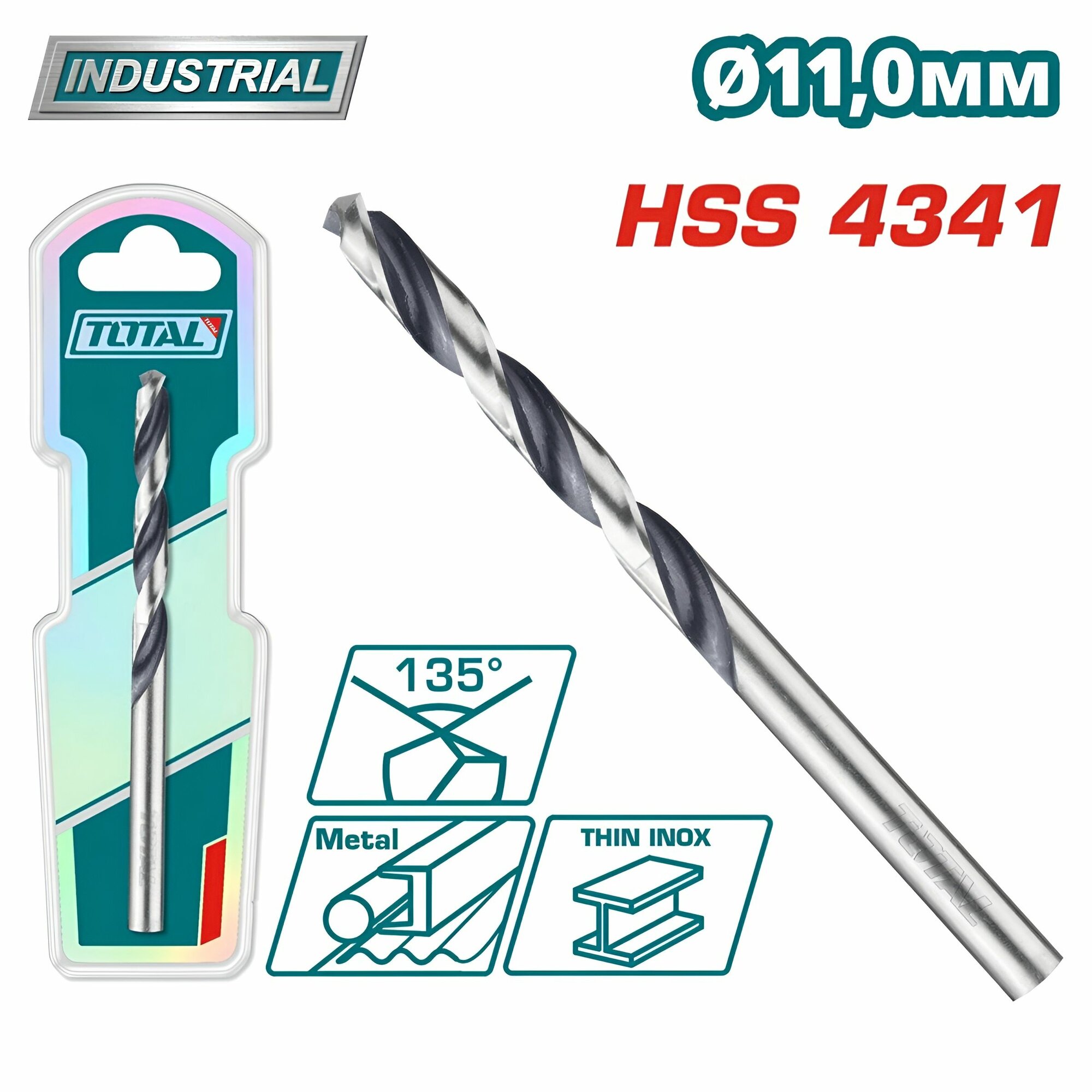 Сверло по металлу, 11 мм, угол заточки 135°, HSS 4341, TOTAL TAC1201104