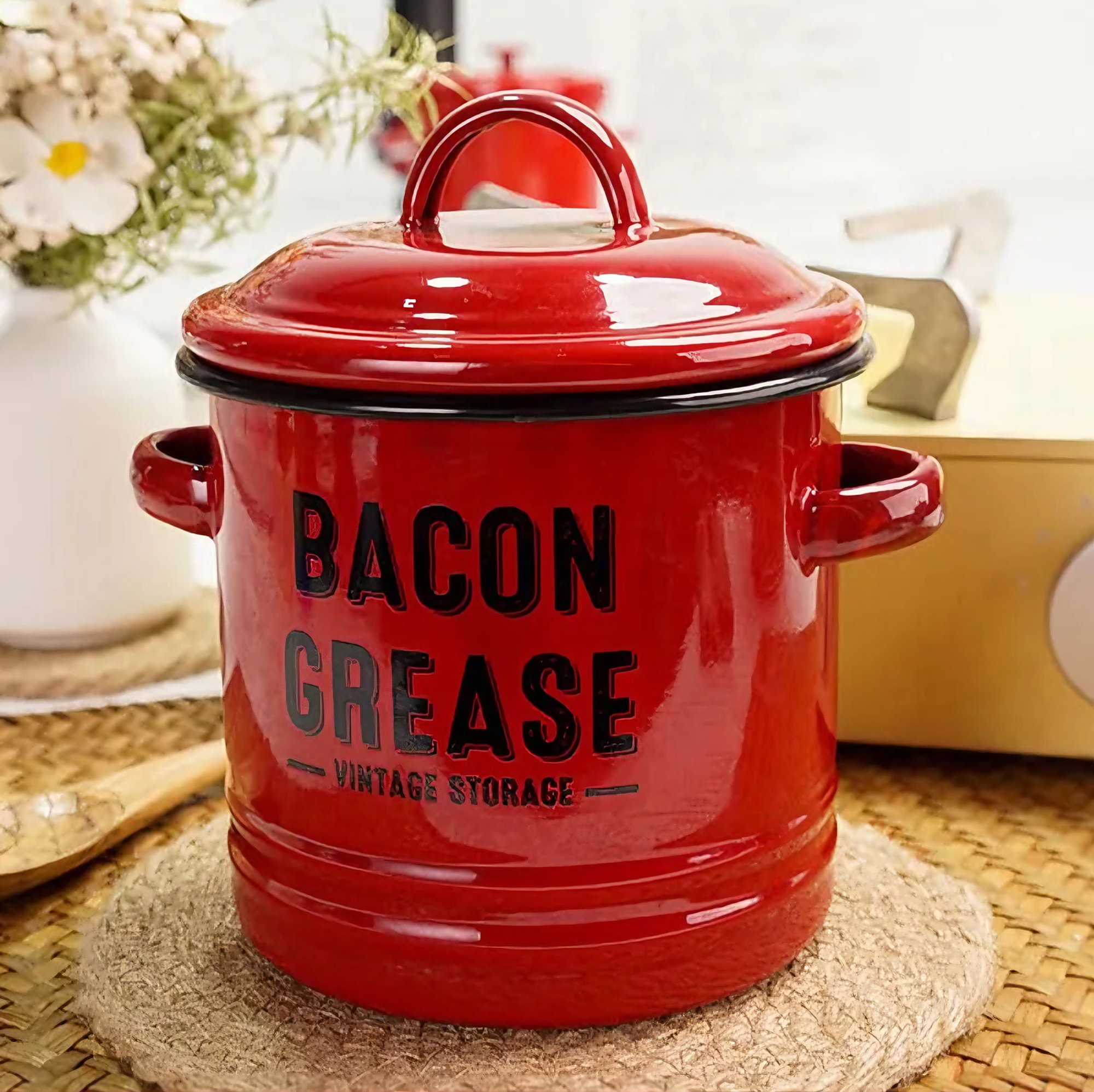 Эмалированный масляный контейнер, с крышкой, большой объем, красн