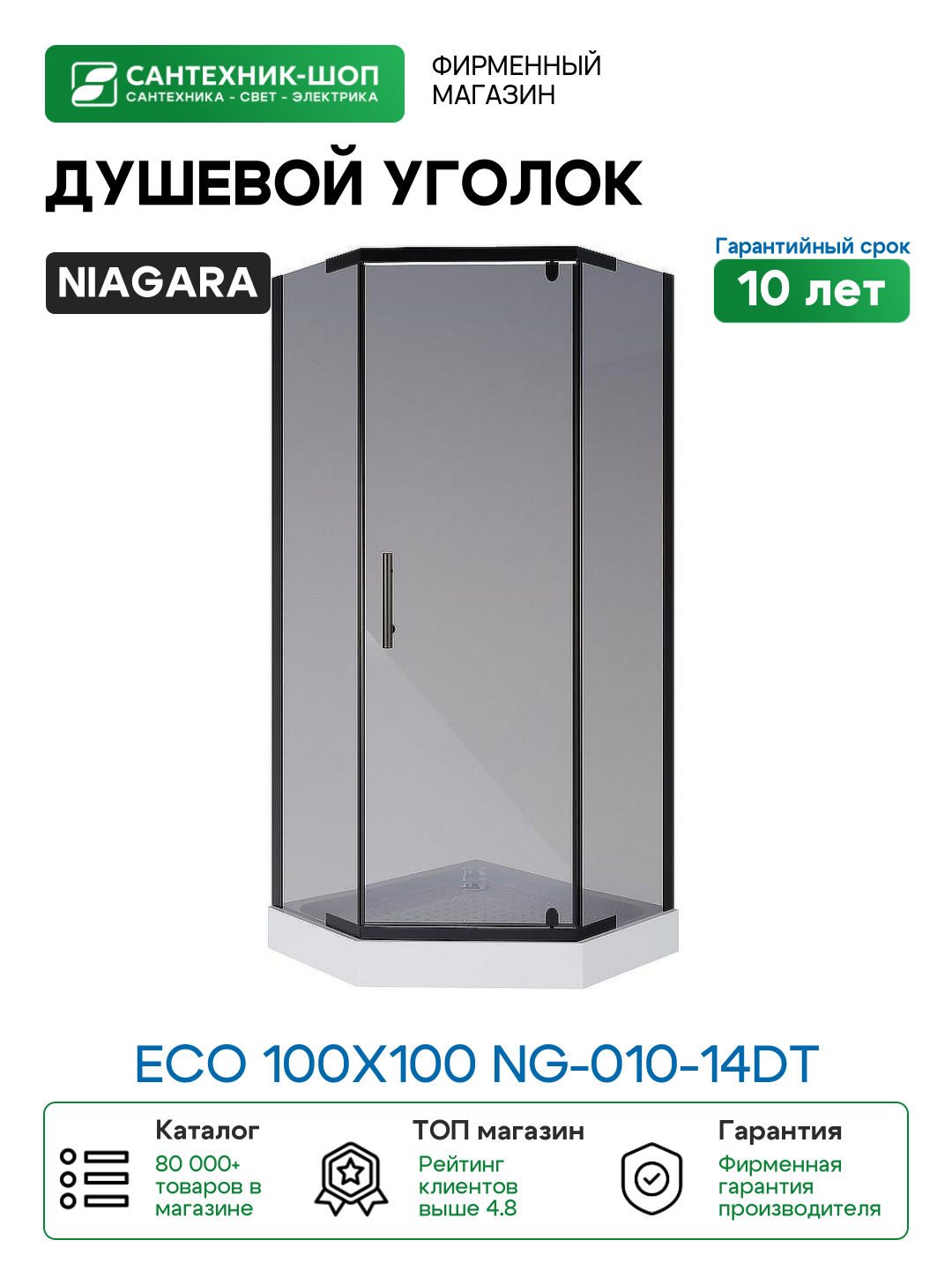 Душевой уголок Niagara Eco 100х100 NG-010-14DT профиль Черный стекло тонированное