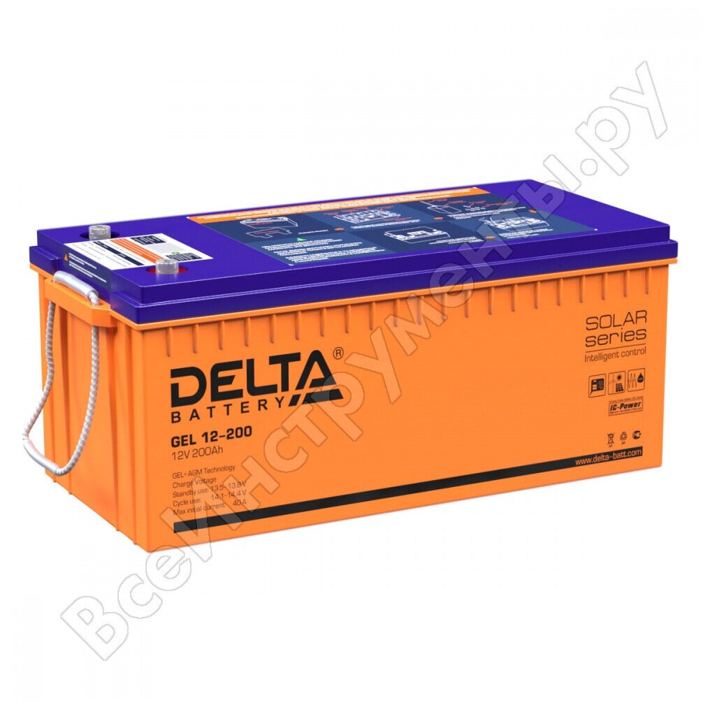 Батарея аккумуляторная Delta GEL 12-200, пластик, для работы как в буферном обратная полярность с болтовыми клеммами