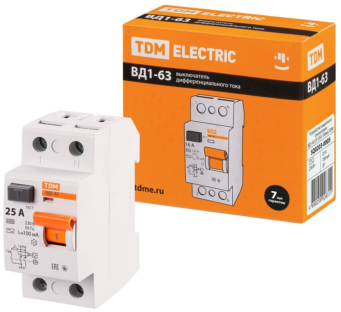 Устройство защитного отключения ВД1-63 2Р 25А 100мА TDM SQ0203-0005 (1 шт.)