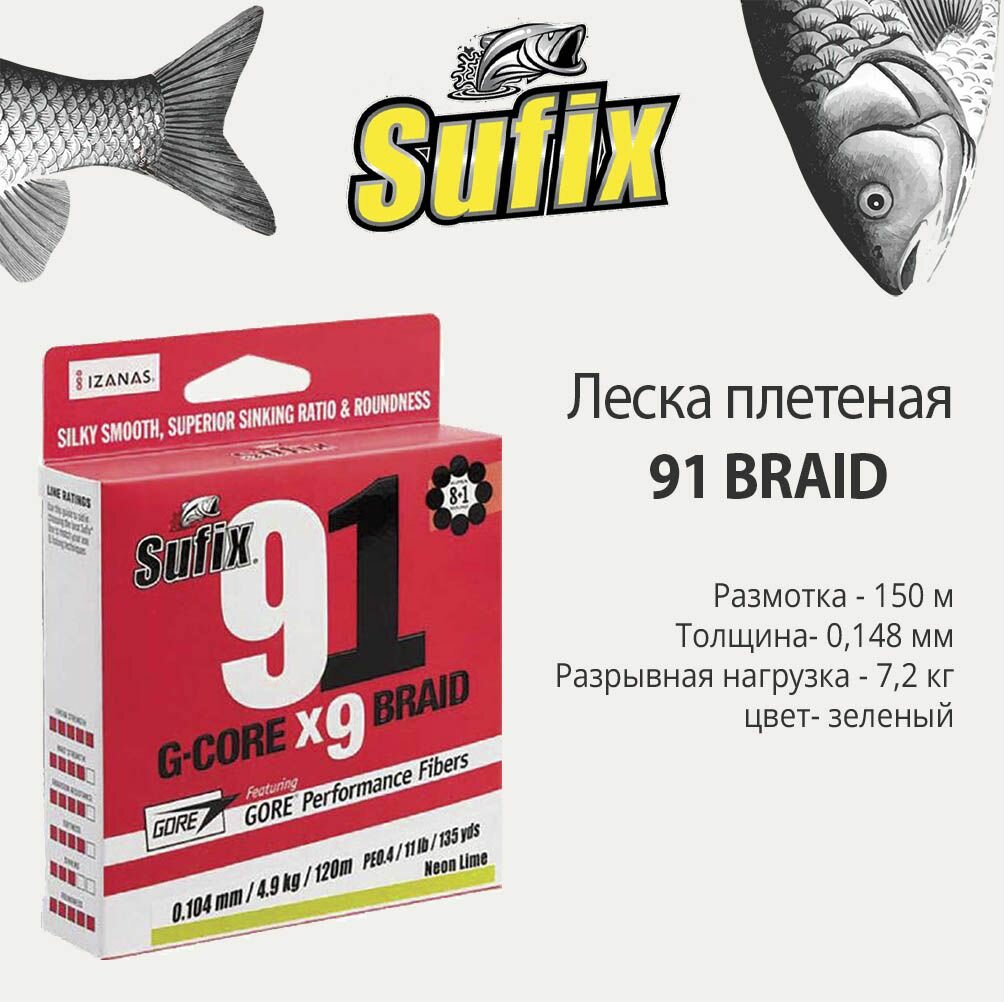 Леска плетеная SUFIX 91 BRAID зеленый 150 м 0.148 мм 7,2 кг