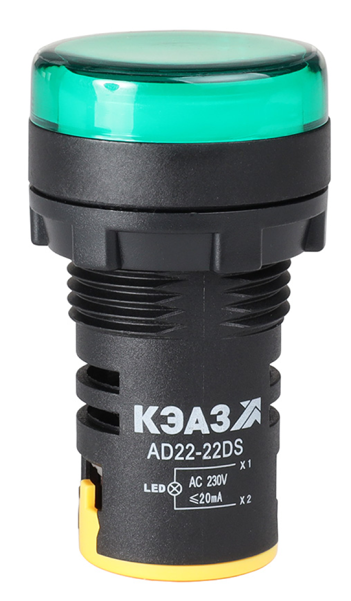 Лампа сигнальная индикаторная КЭАЗ AD22DS(LED) светодиодная, с круглой линзой, зеленое свечение, длина 50мм, диаметр отверстия 22мм, 230В, IP40 / индикатор