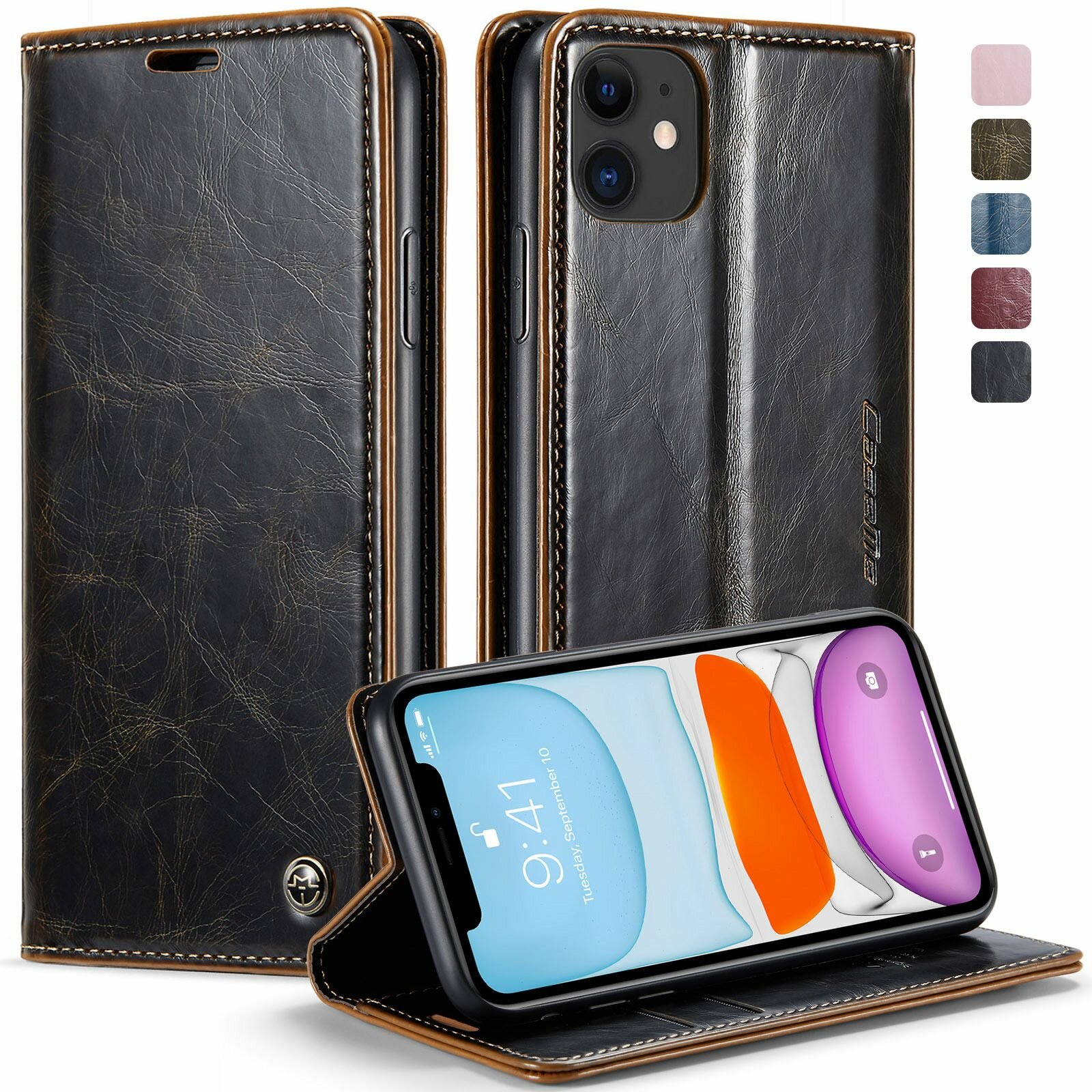 CaseMe Кожаный книжка чехол для Apple iPhone 11 / Aйфон 11 с визитницей из экокожи