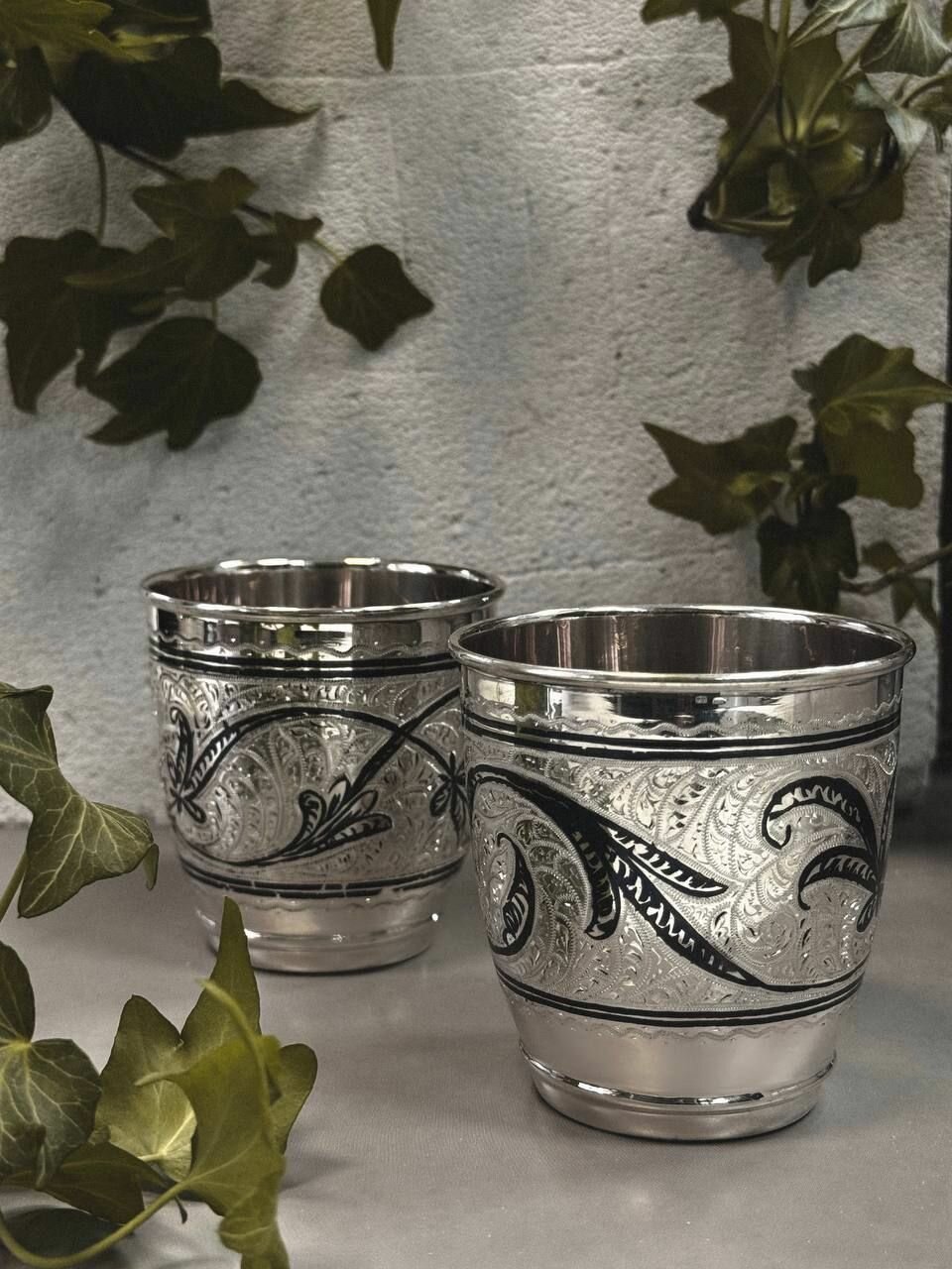 Тутта Набор 2 штуки серебряных стаканов для воды 200 мл. 875 проба, серебро кубачи в подарочной упаковке